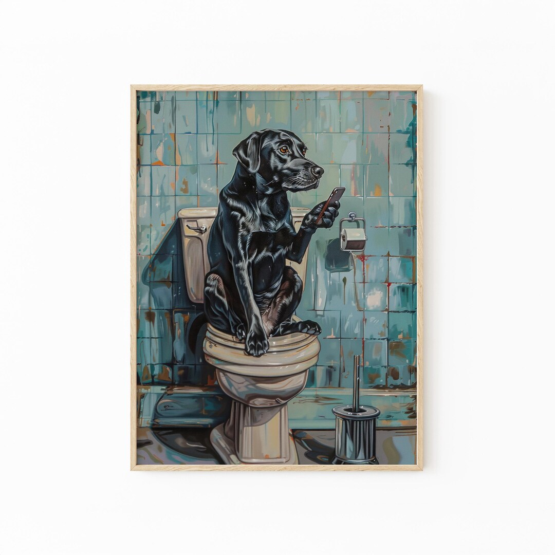 Black Labrador Sitting on Toilet With Phone Painting Print | Black Lab ...