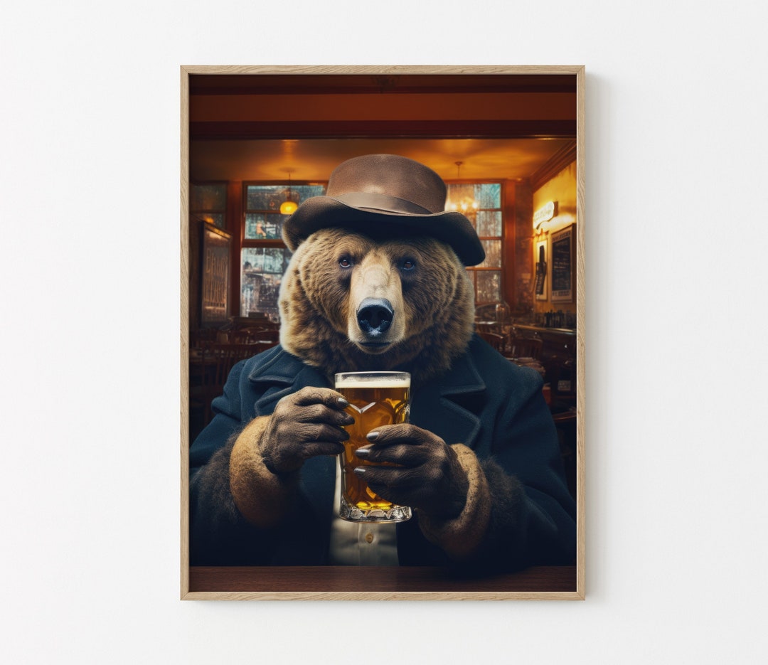 Funny Animals Bear Drinking Beer Oil Painting Print, Beer Wall Art ...