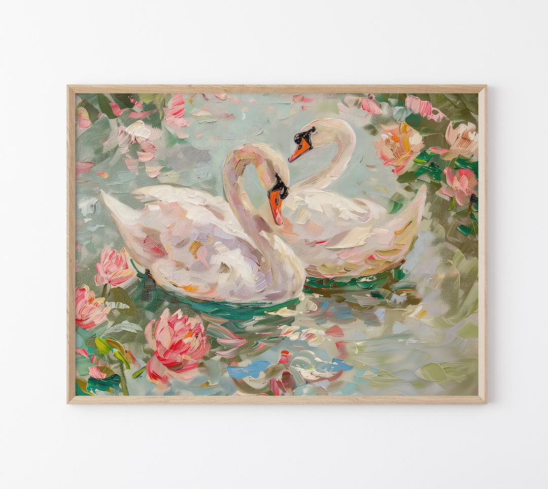 Pastel Swan in a Pond Oil Painting Print | Soft Pastel Wall Art | Pink ...