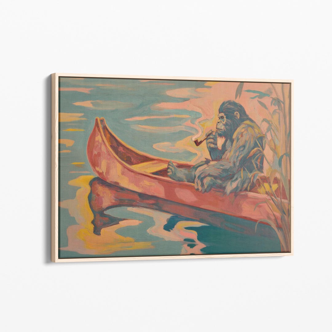 Pastel Bigfoot in Canoe Smoking Cigar Oil Painting Canvas Print ...
