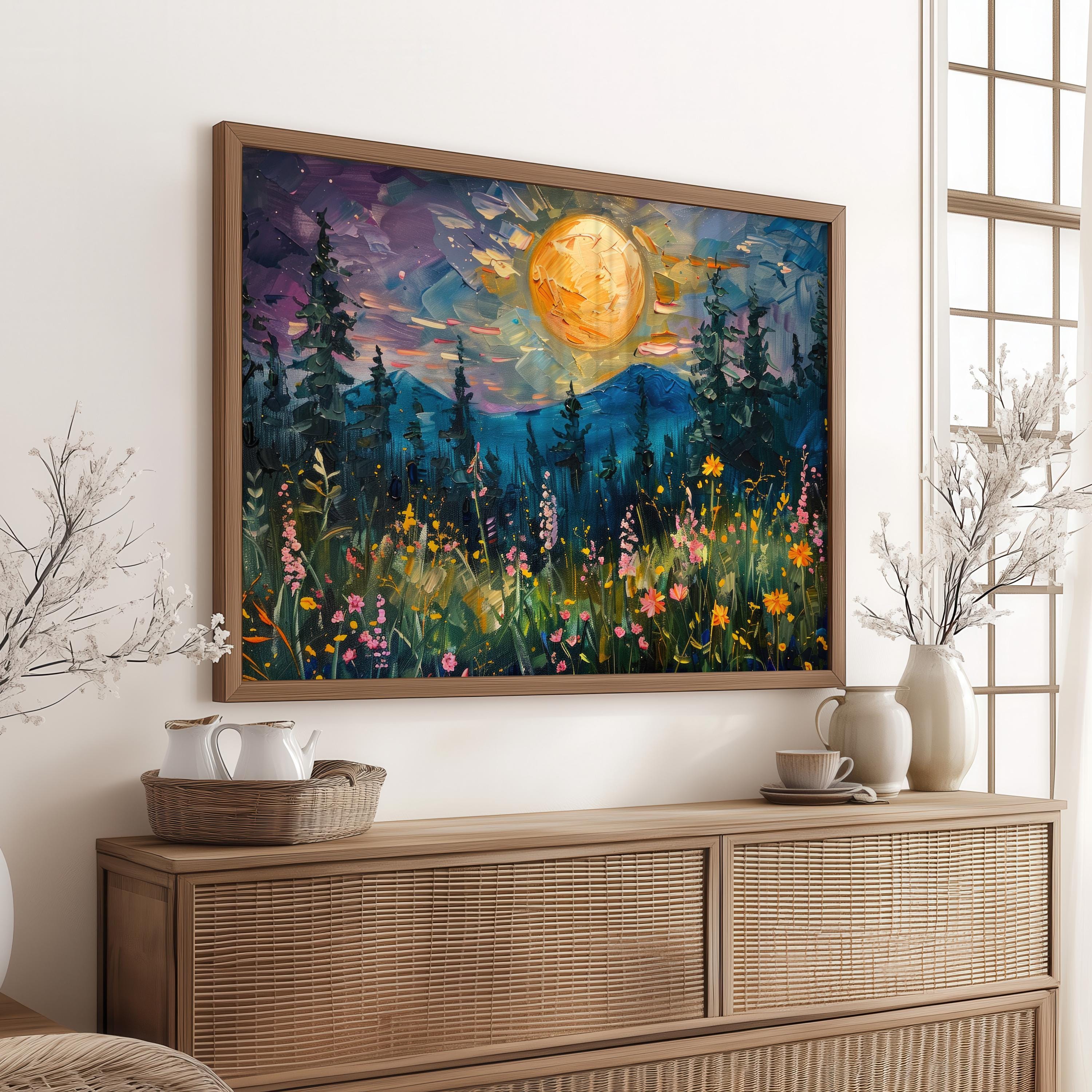 Moon Above the Wildflowers and Woodland Oil Painting Print | Full Moon ...