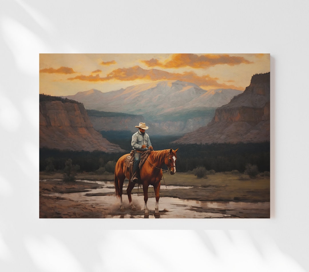 Vintage Landscape Cowboy Oil Painting Canvas, Western Wall Art, Mid ...