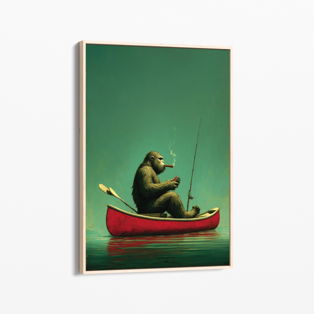 Bigfoot in Canoe Smoking and Fishing Cigar Oil Painting Canvas Print ...