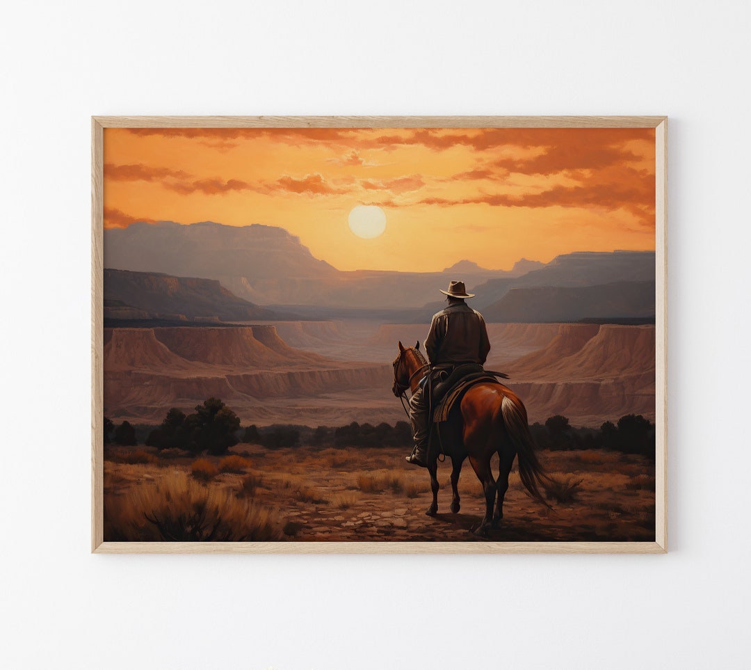 Vintage Landscape Cowboy Oil Painting Digital Print, Western Wall Art ...