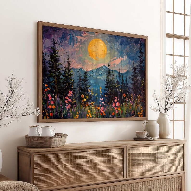 Moon Above the Wildflowers and Woodland Oil Painting Print | Full Moon ...
