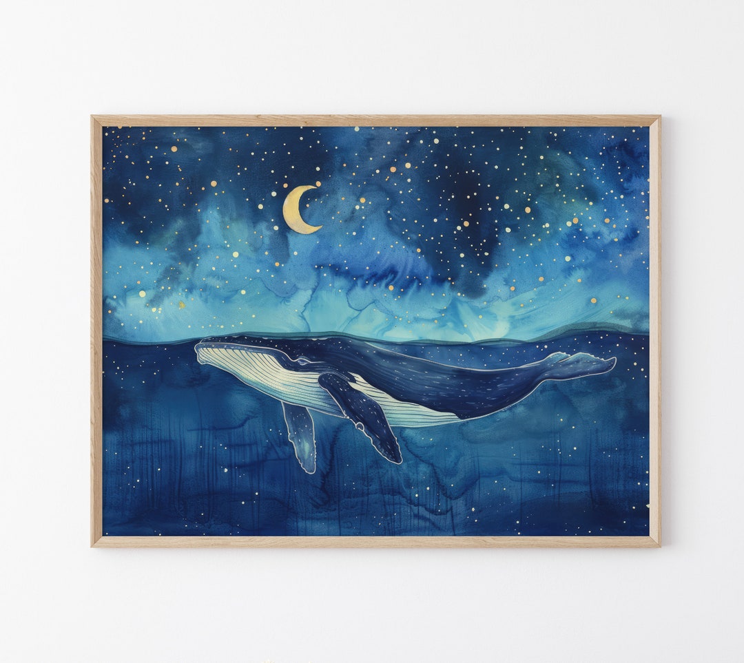 Whale Under the Moon Watercolor Painting | Whale Print | Whale and Boat ...
