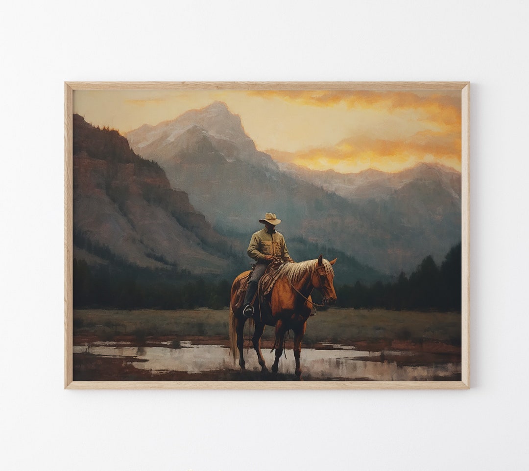 Vintage Landscape Cowboy Oil Painting Print, Western Wall Art, Mid ...