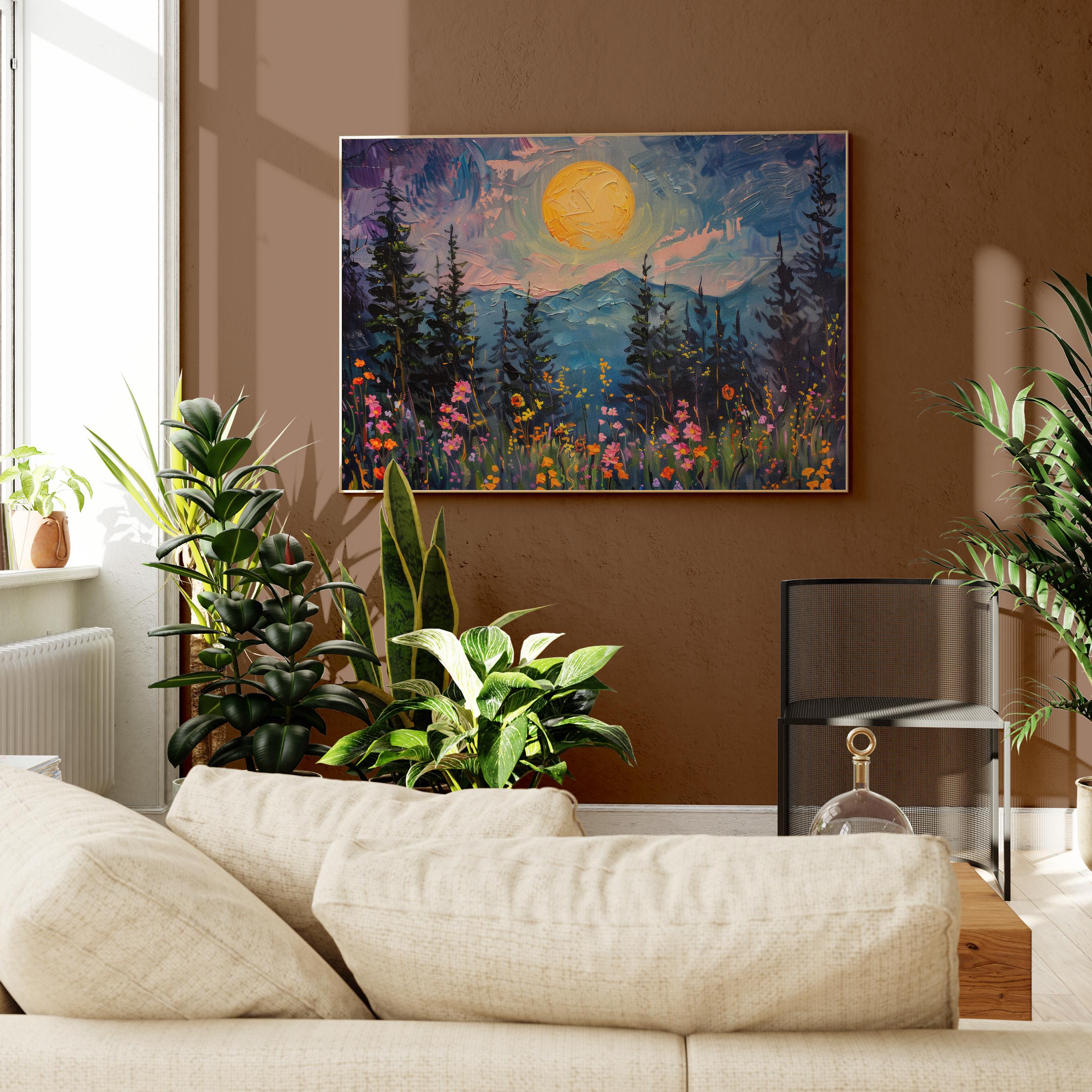 Moon Above the Wildflowers and Woodland Oil Painting Print | Full Moon ...