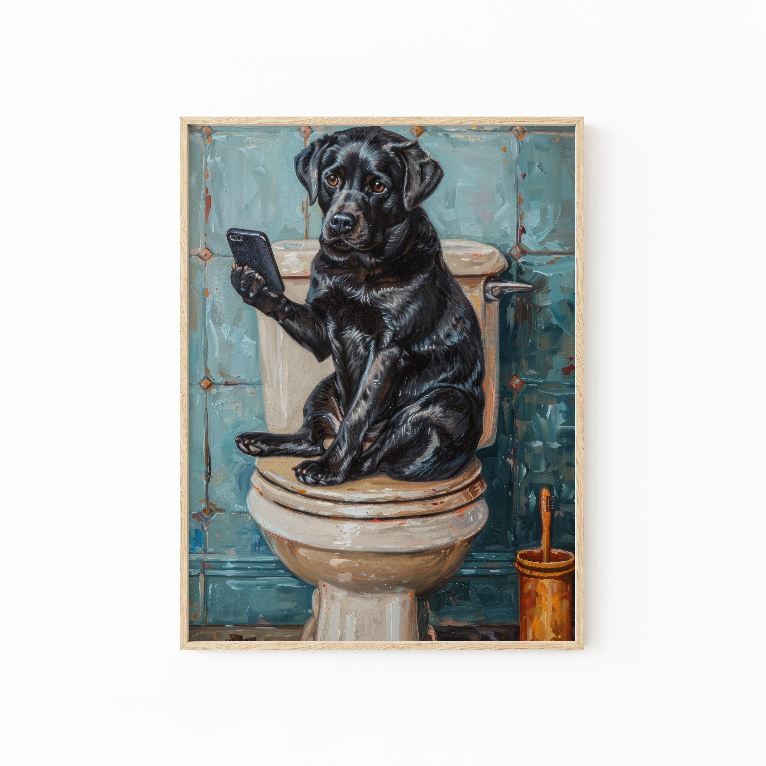 Black Labrador Sitting on Toilet With Phone Painting Print | Black Lab ...
