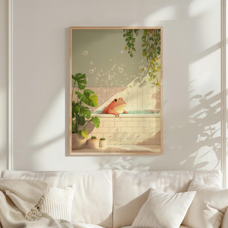 Frog in the Bath Print: Whimsical Cottagecore Bathroom Wall Art in ...