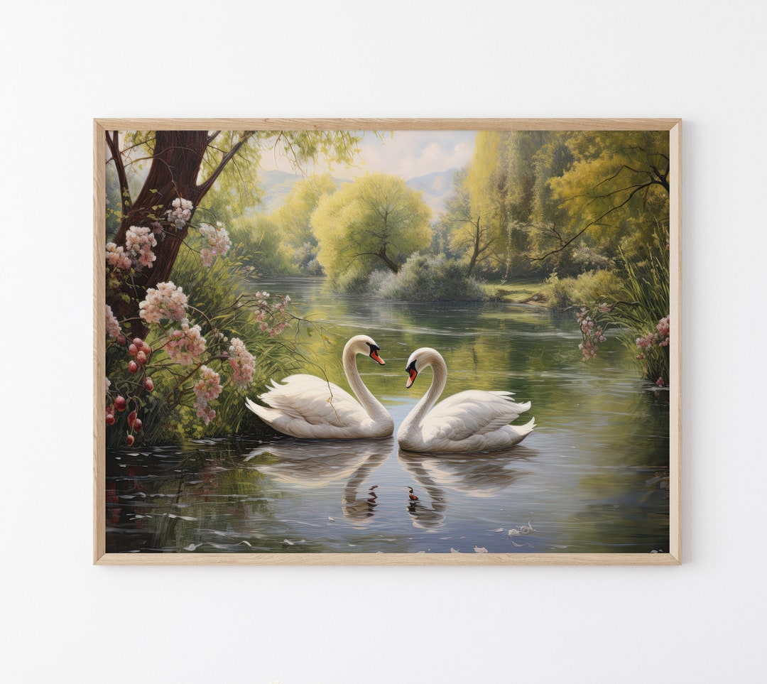 Countryside Lake Loving Swans Oil Painting Print, Wall Art Matte Print ...