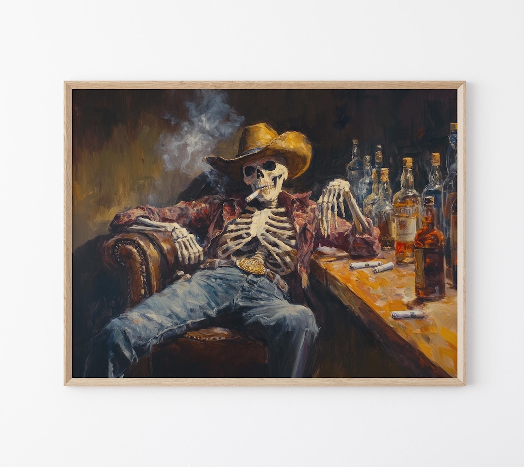 Wild West Remains Skeleton Cowboy in a Bar Oil Painting Print | Western ...