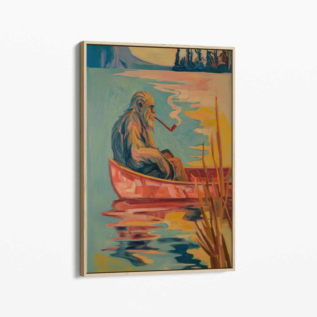 Pastel Bigfoot in Canoe Smoking Cigar Oil Painting Canvas Print ...