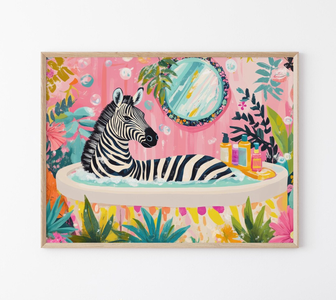 Zebra in Bathtub Bathroom Oil Painting Print | Maximalist Animal in ...