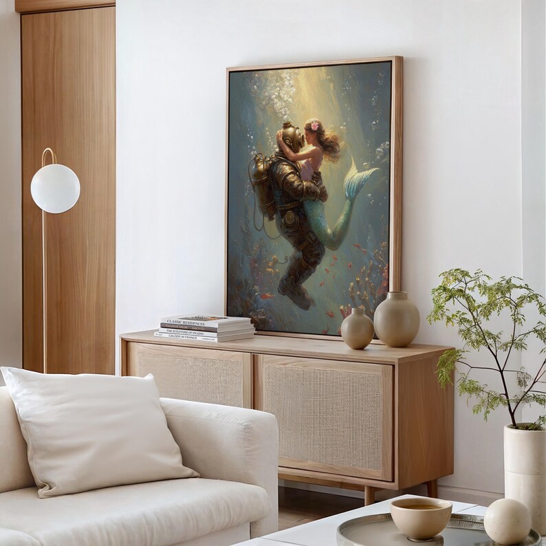 Vintage Mermaid Painting Canvas Print | Nautical Coastal Wall Art for ...