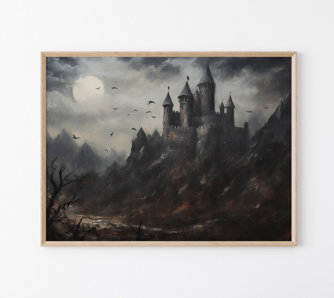 Dark Castle Moody Halloween Landscape Oil Painting Print, Dracula's ...