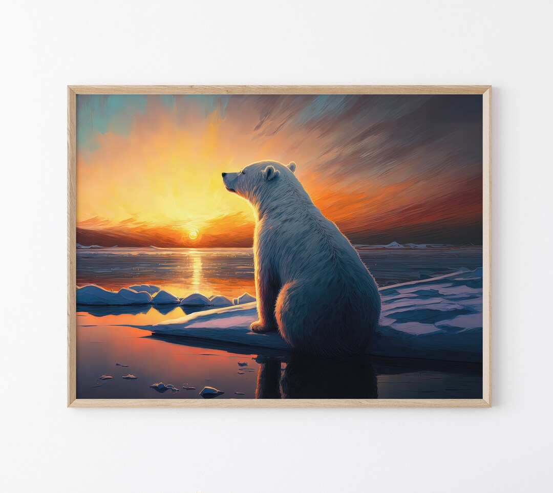 Polar Bear Watching Sunset, Scenic Oil Painting Artwork, High-quality ...