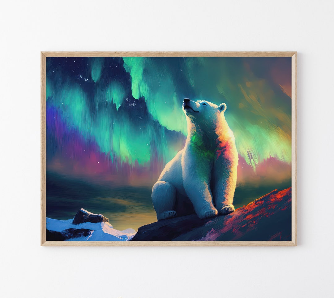Polar Bear Watching Northern Lights (aurora Borealis) Oil Painting Matte Wall Art Print, Winter ...