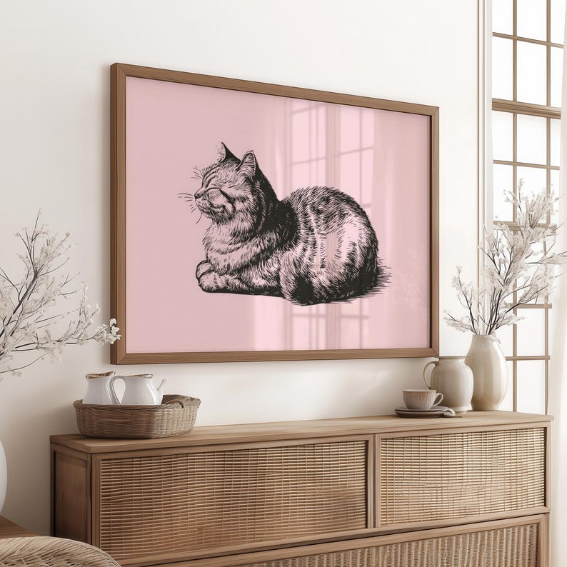 Sleepy Cat Loaf Print | Cute Grey Cat Illustration | Bedroom Decor ...