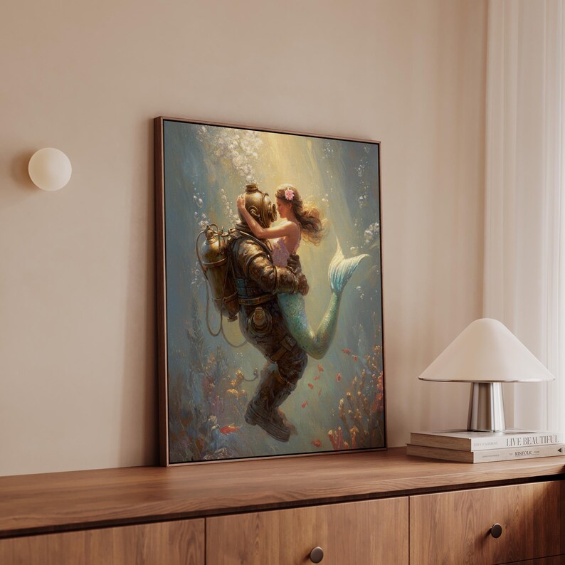 Vintage Mermaid Painting Canvas Print | Nautical Coastal Wall Art for ...