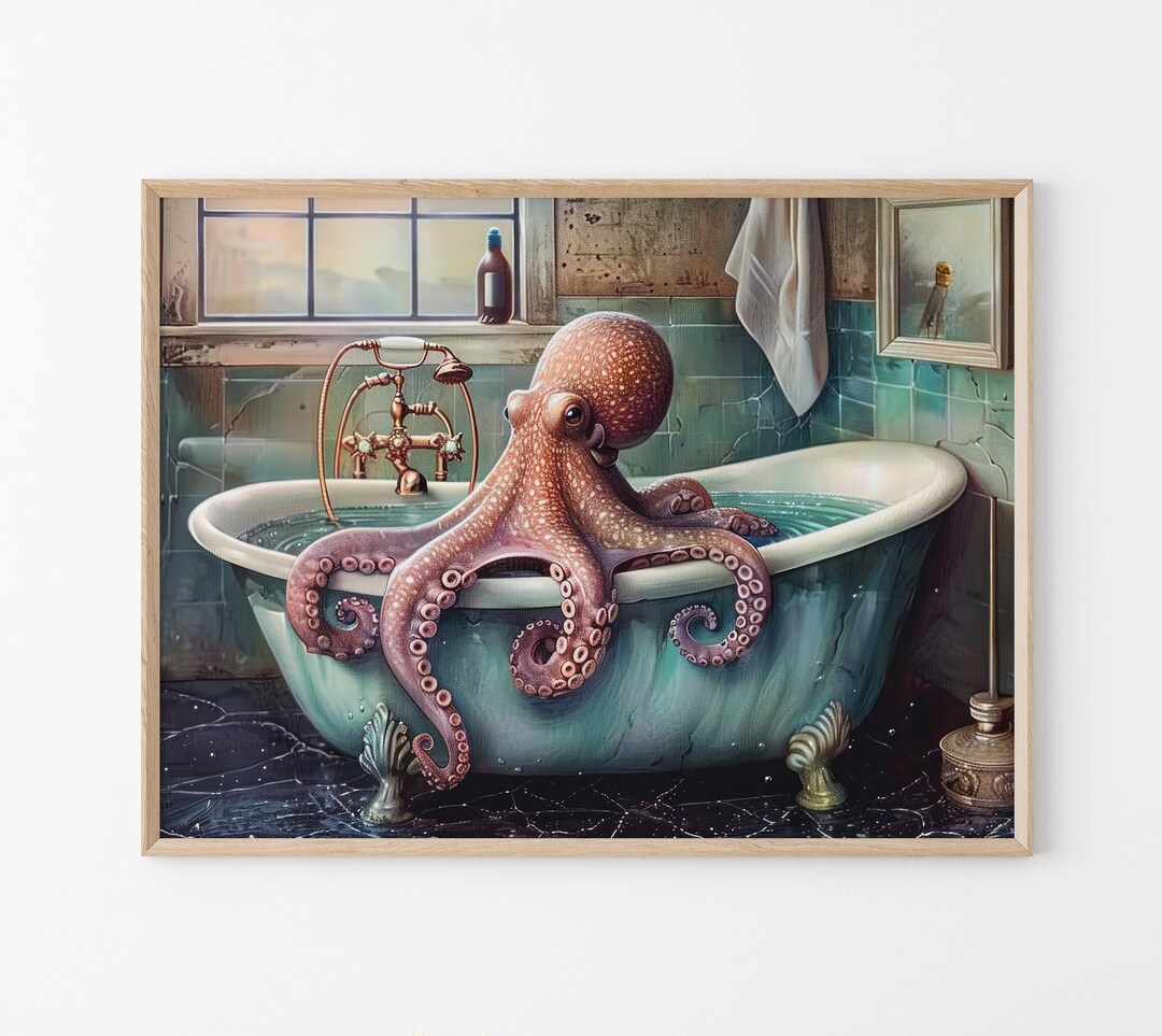 Octopus in the Bathtub Oil Painting Print | Funny Bathroom Wall Art ...