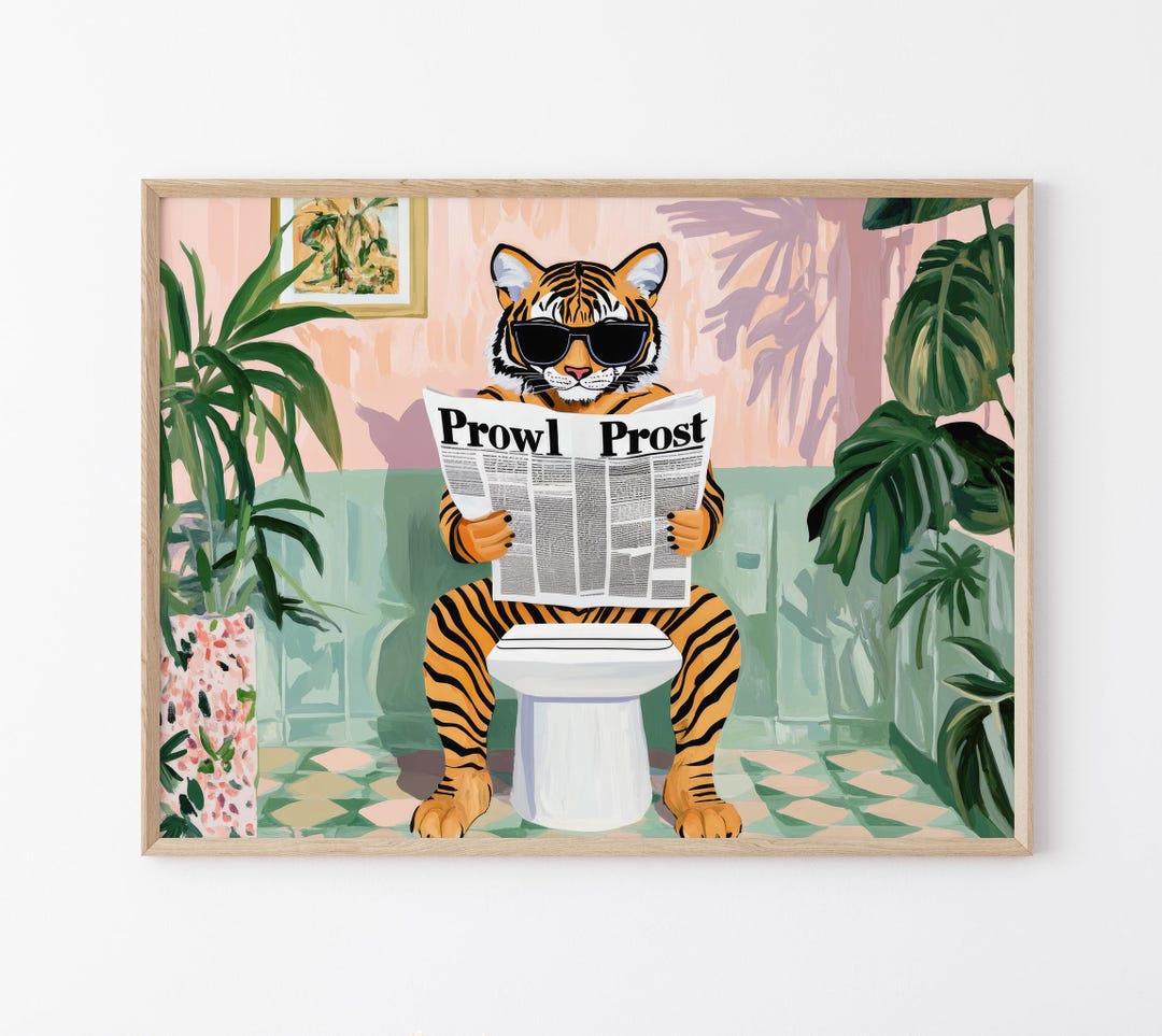Tiger on Toilet Bathroom Print | Animal on Toilet Funny Bathroom Wall ...