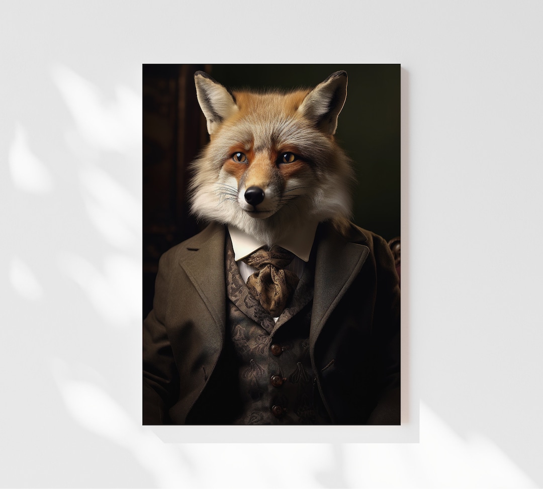 Gentlemen Fox Oil Painting Print | Funny Bathroom Wall Art, Surreal Fox ...
