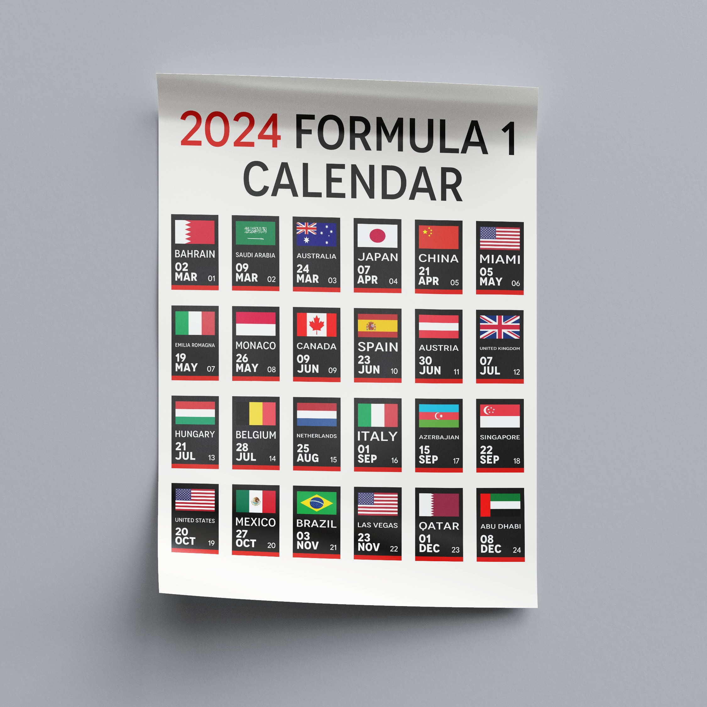 2024 Formula 1 Calendar, Formula 1 Circuits, Formula 1 Gift, F1 Wall ...