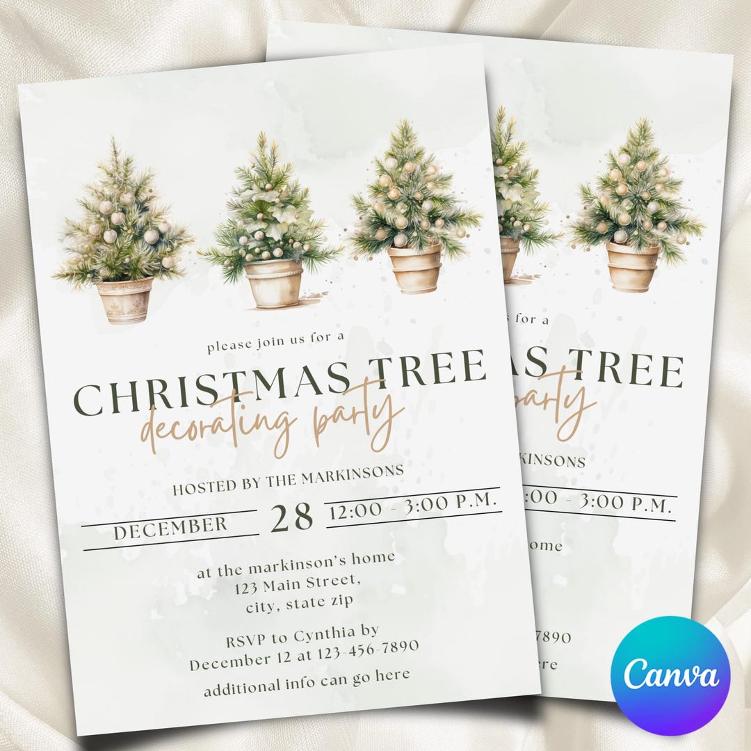 Editable Watercolor Christmas Tree Decorating Party Invitation Template ...