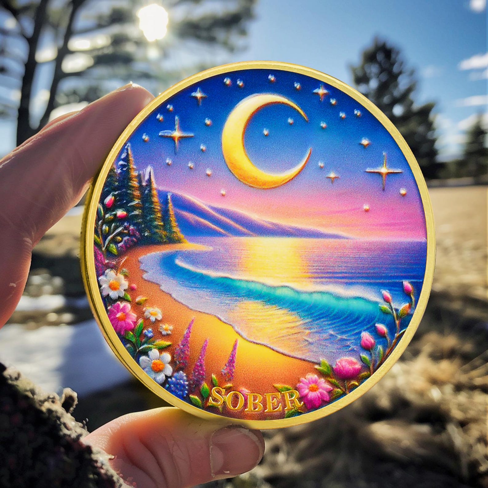 Night Sky Beach AA Chip the Moon Sobriety Coin-daily Sober Recovery ...