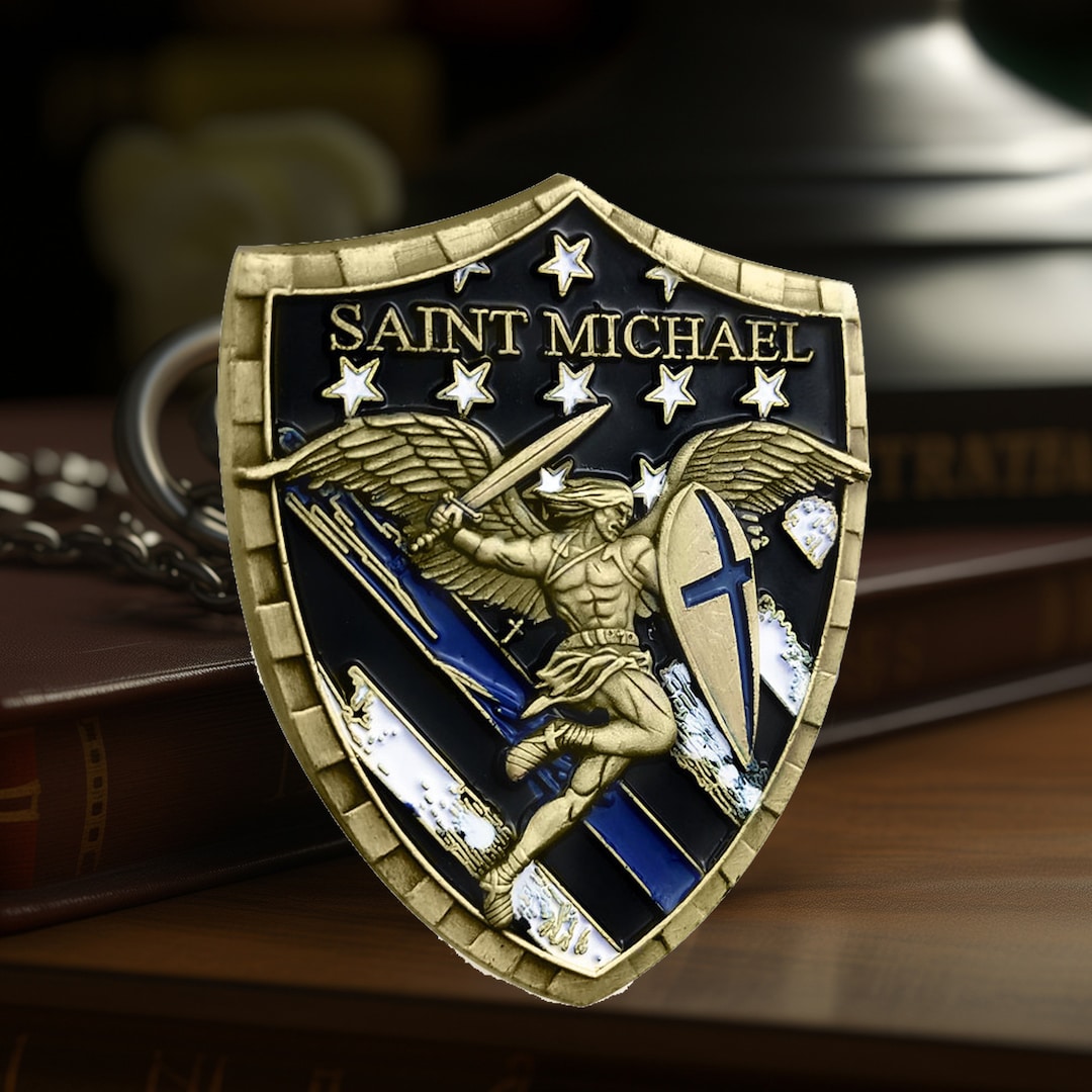 Saint Michael the Archangel Shield Badge Coin - Thin Blue Line - Police ...