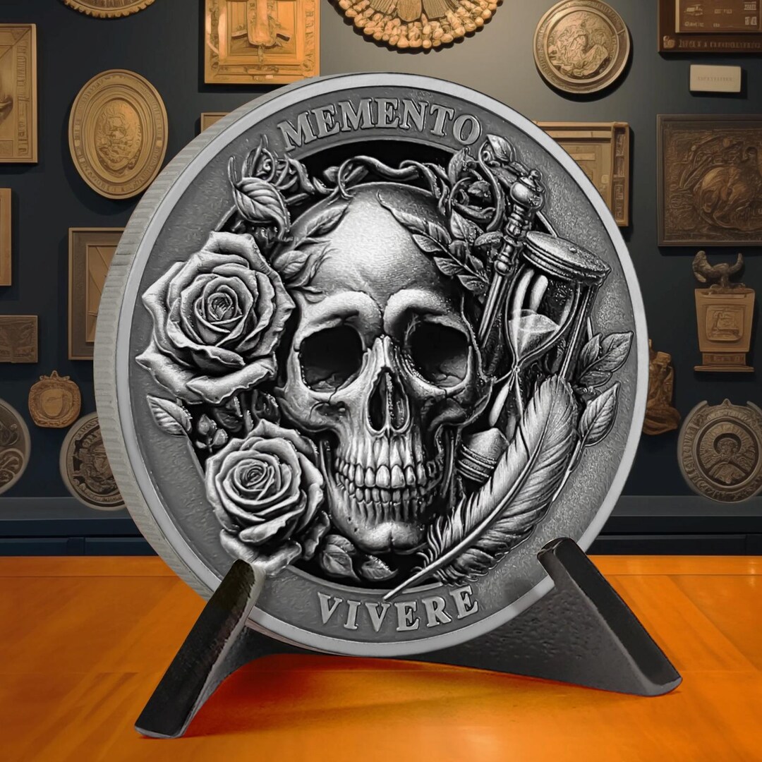Memento Mori Coin: Rose, Hourglass & Skull - Stoic Reminder Token - Etsy