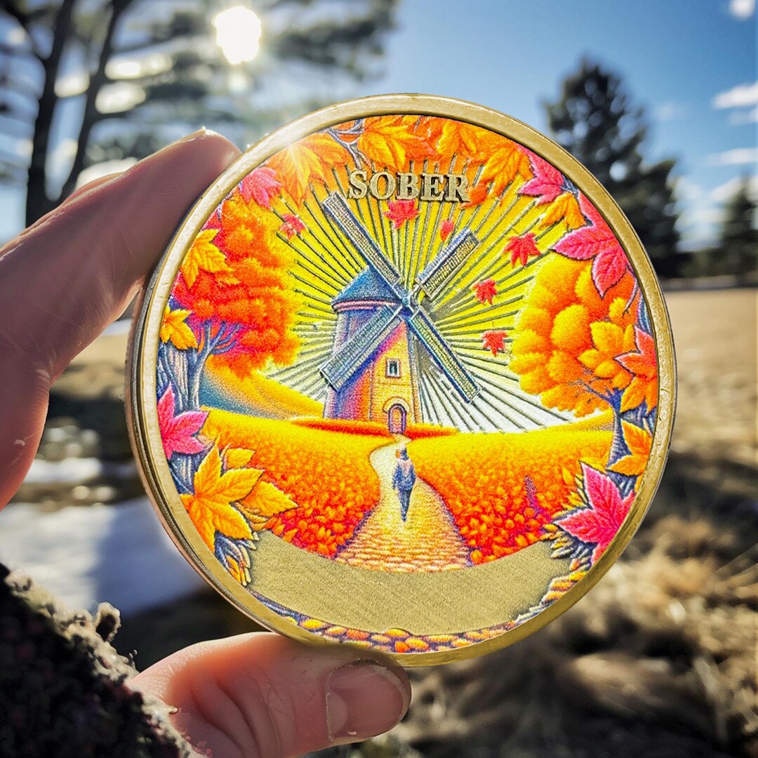 Maple Leaf AA Sobriety Chip: Windmill Scene, Custom Text Gift - Etsy