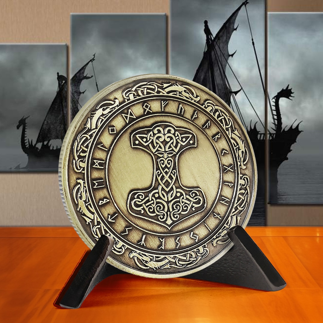 Thor's Hammer Challenge Coin - Viking Mjölnir Token With Runes & Fenrir ...