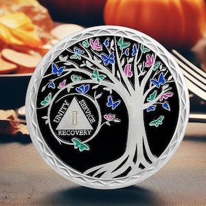 1 Year Sobriety Coin - Tree of Life AA Chip (1-40 Years) - AA Medallion ...