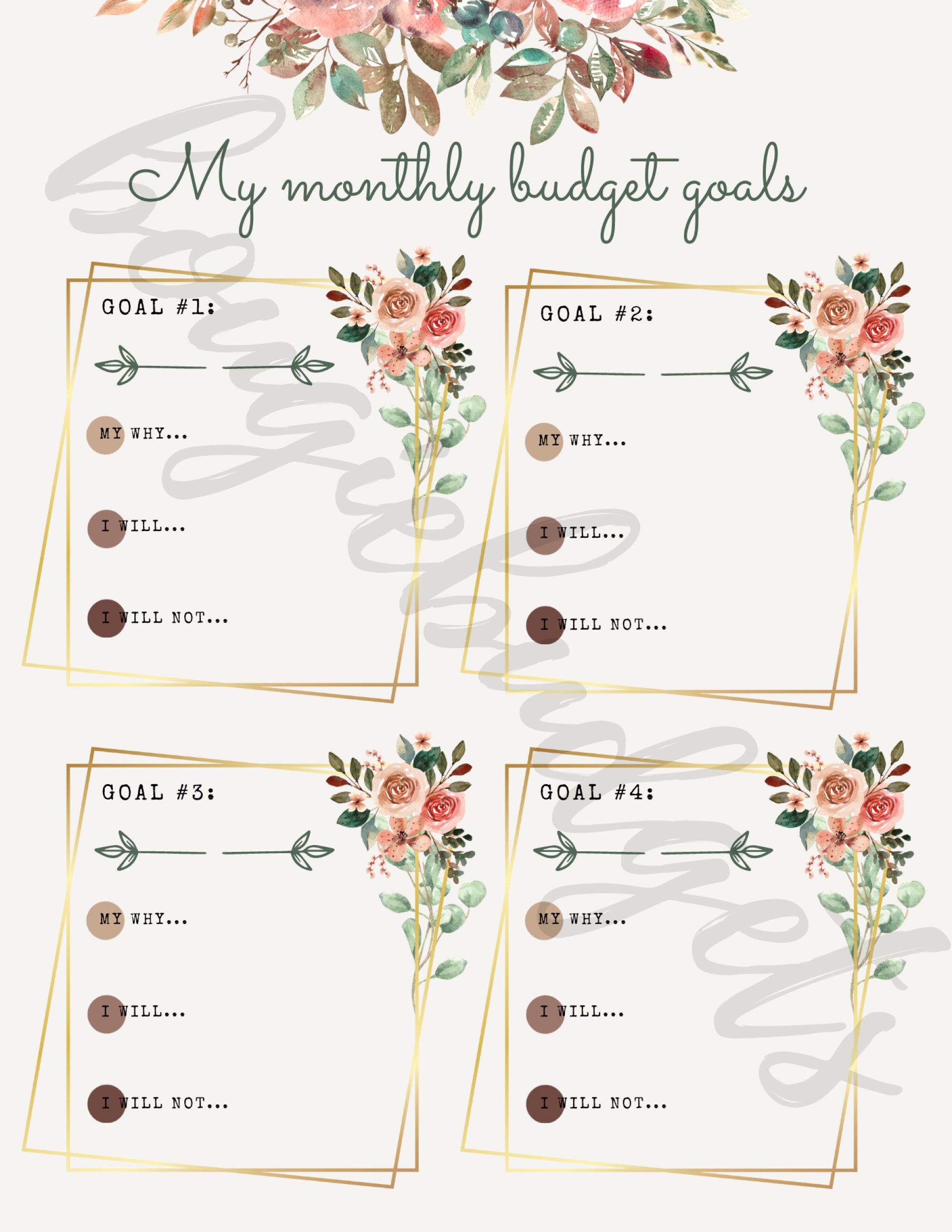 Monthly Budget Goals PDF Printable Download for Budget Planner ...