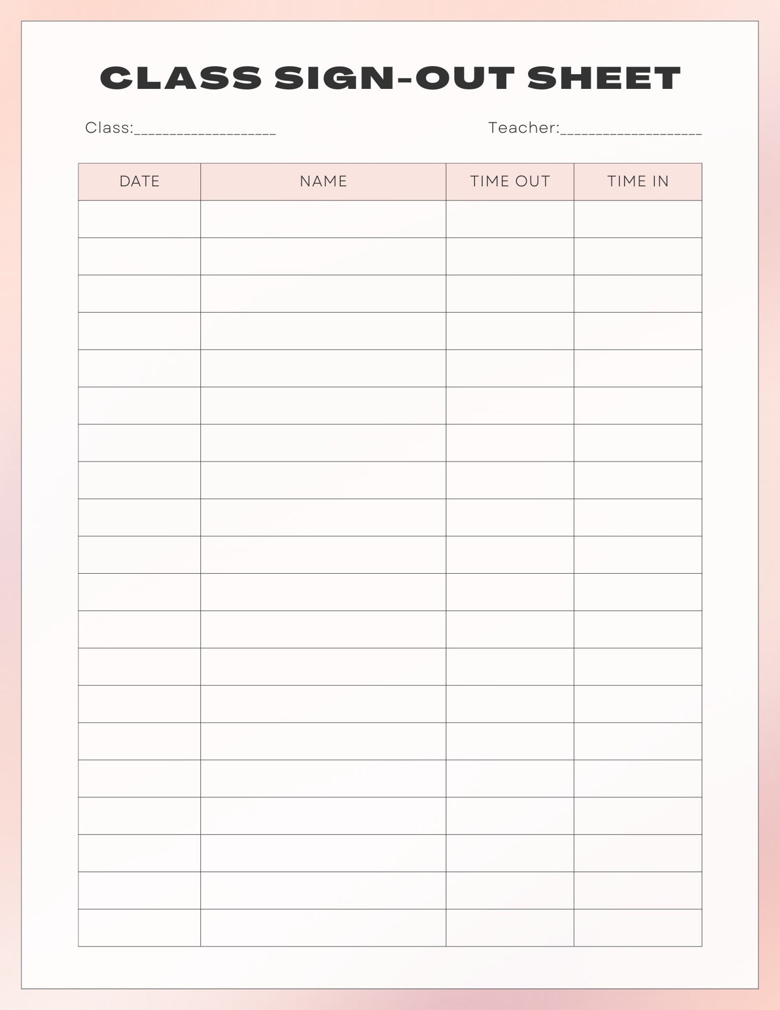 Class Sign-out Sheet | Instant Download | Printable Sign-out Sheet ...