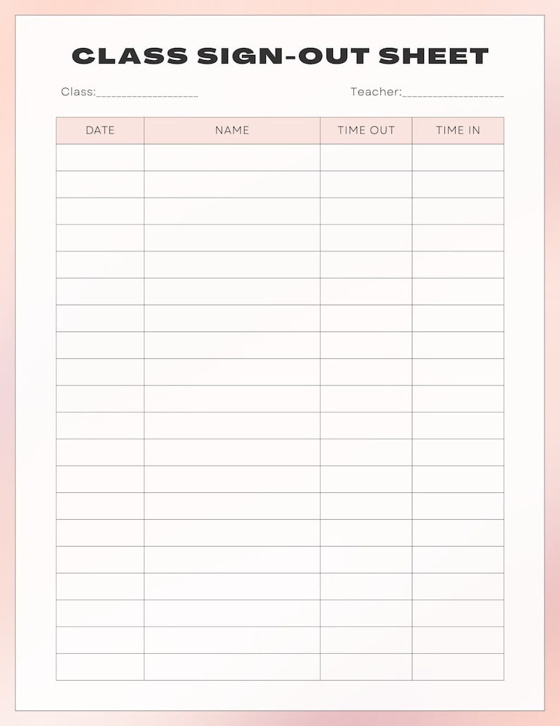 Class Sign-out Sheet | Instant Download | Printable Sign-out Sheet ...