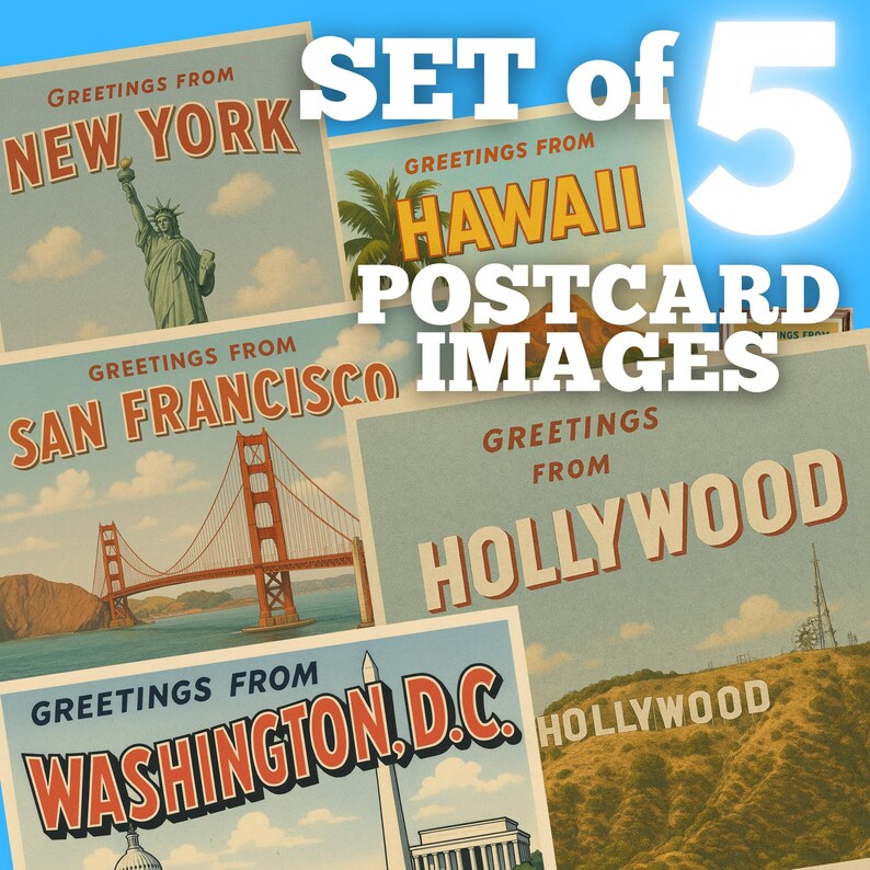 American Landmarks Postcard Vintage Wall Art Bundle - New York, San ...