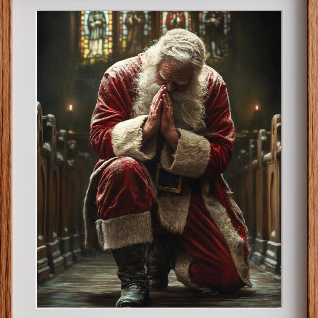 Santa Claus Kneeling Praying in Church - Traditional Christmas Scene ...