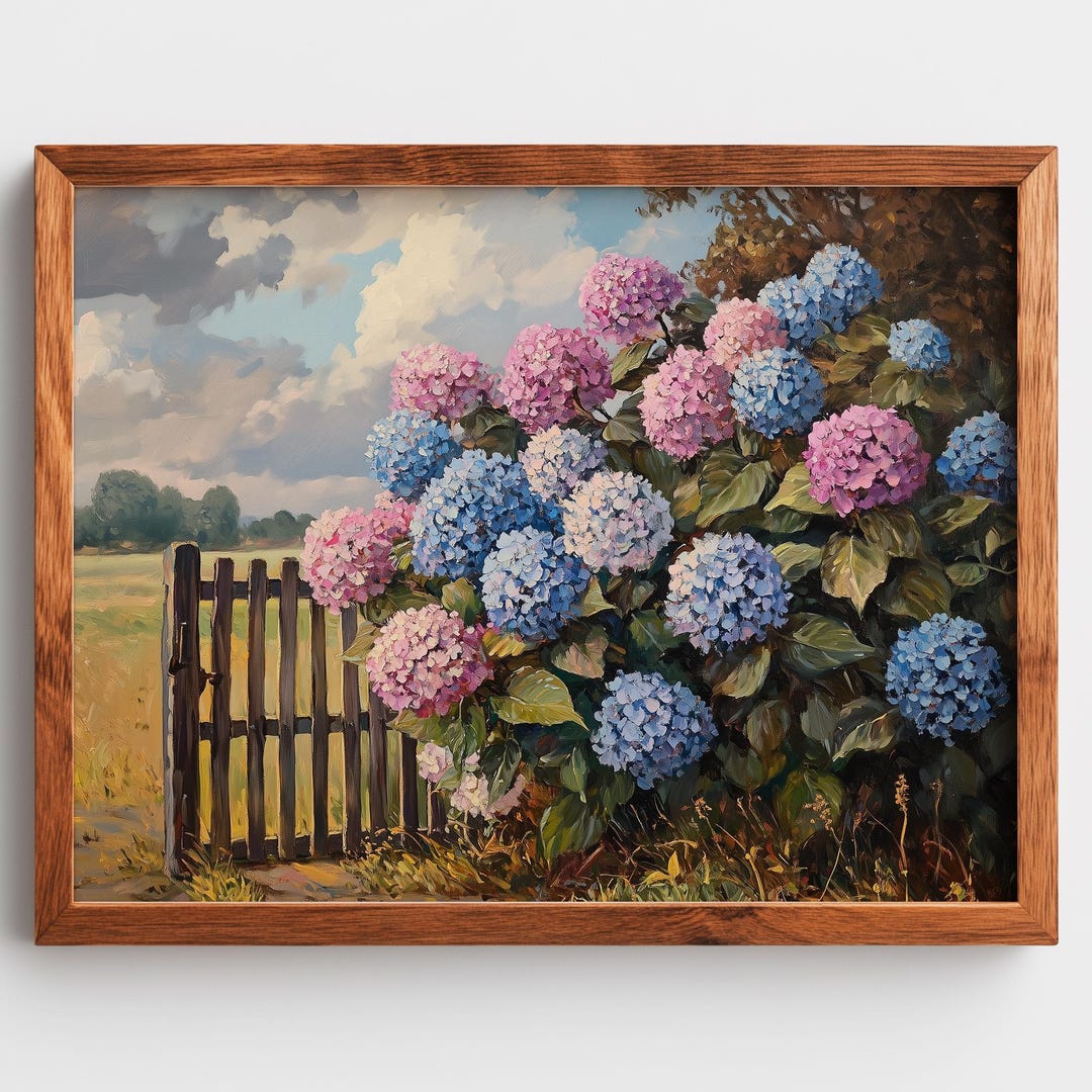 Rustic Hydrangea Garden Wall Art - Cottagecore Pastoral Floral Painting ...