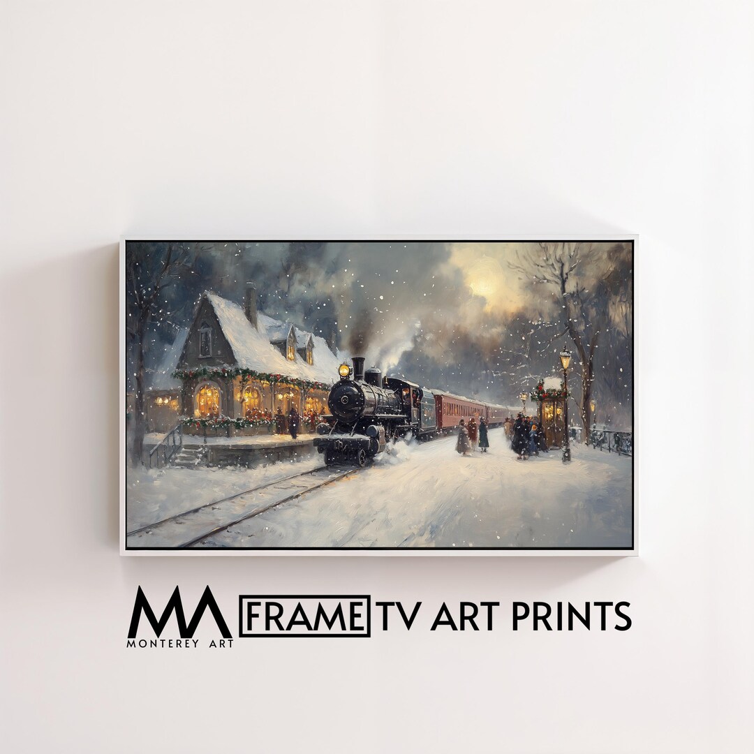 Winter Christmas Train Station Art, Vintage Steam Locomotive Samsung ...