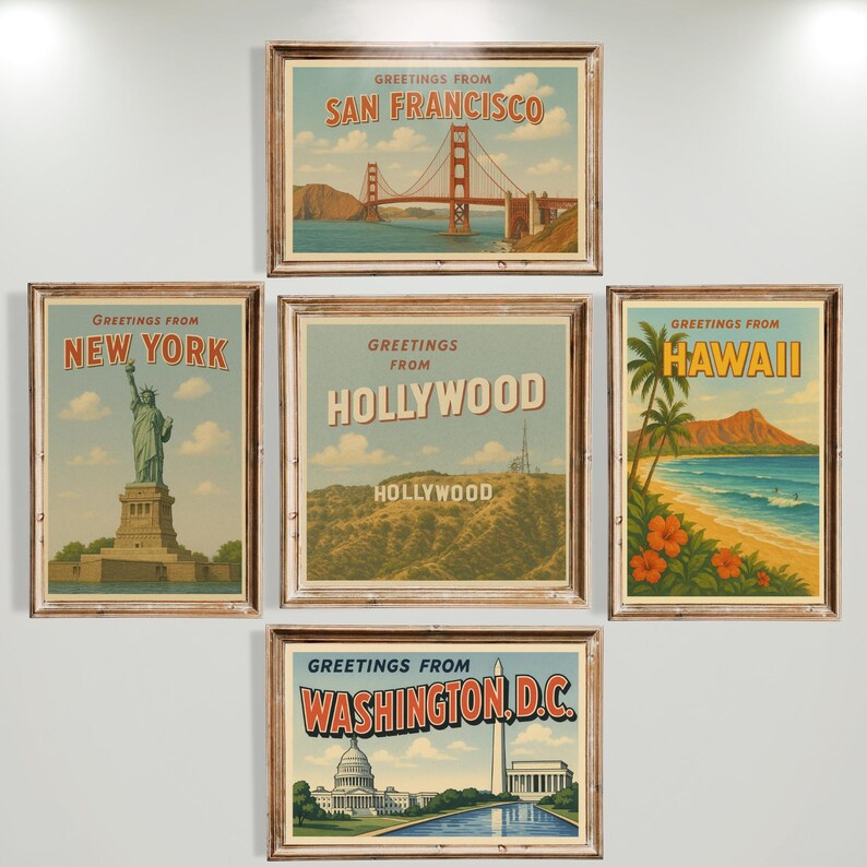 American Landmarks Postcard Vintage Wall Art Bundle - New York, San ...