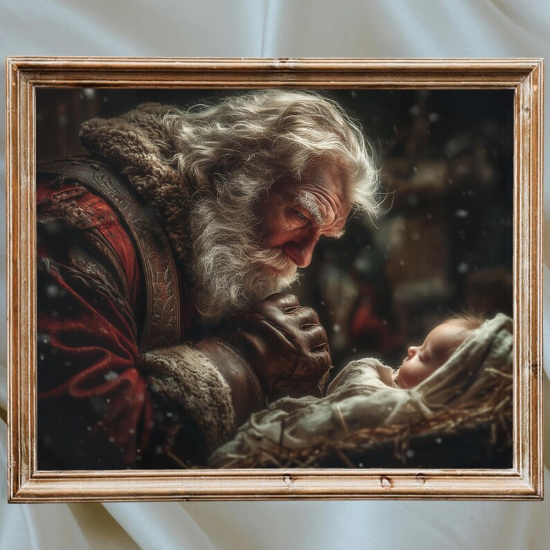 Christmas Santa Baby Jesus Nativity Scene Wall Art, Winter Watercolor ...