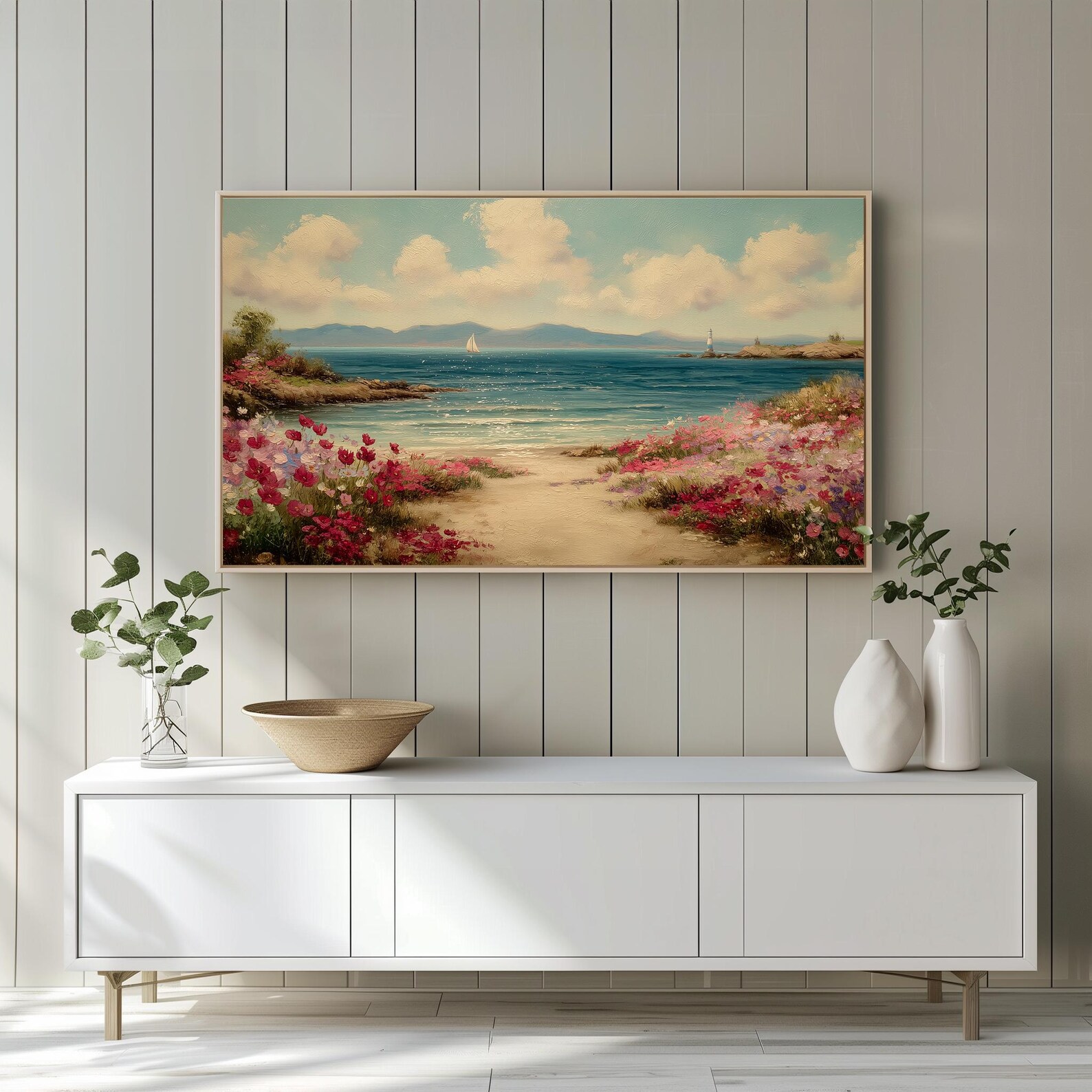 Spring Beach Path Painting Frame TV Wall Art, Serene Coastal Printable ...