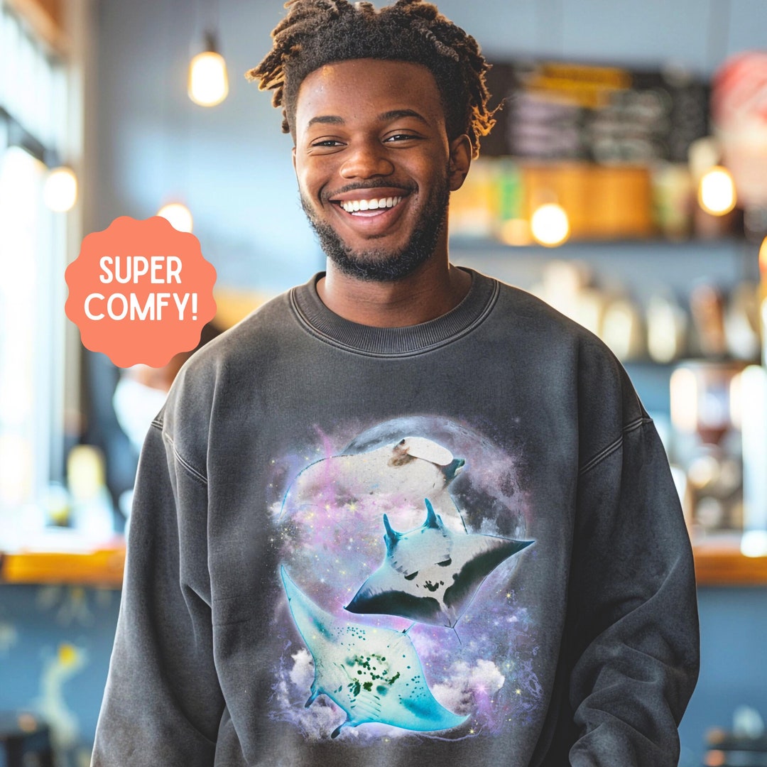 Moon Manta Ray Vintage Graphic Sweatshirt, Marine Biology Fun Band ...