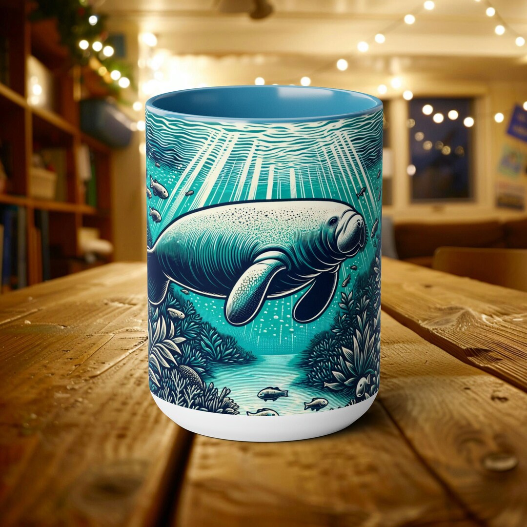 Manatee Mug Two-toned Woodcut Design, Ocean Conservation Gift 15 Oz ...