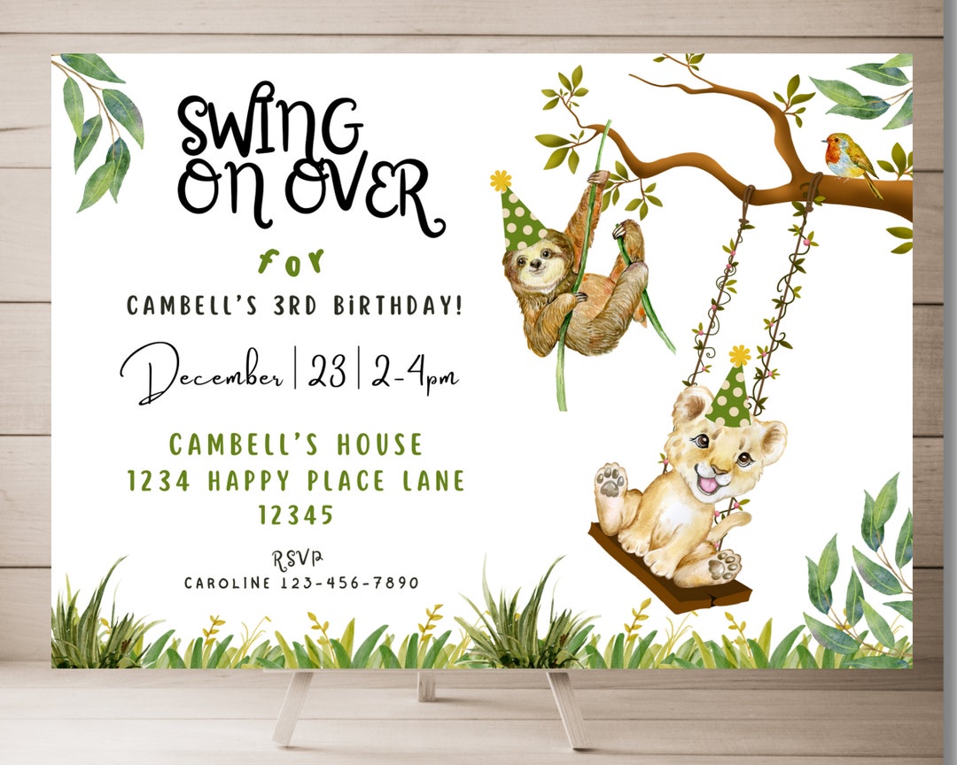 Let's Hang Out SLOTH Birthday Party Invitation Digital Printable, Swing ...