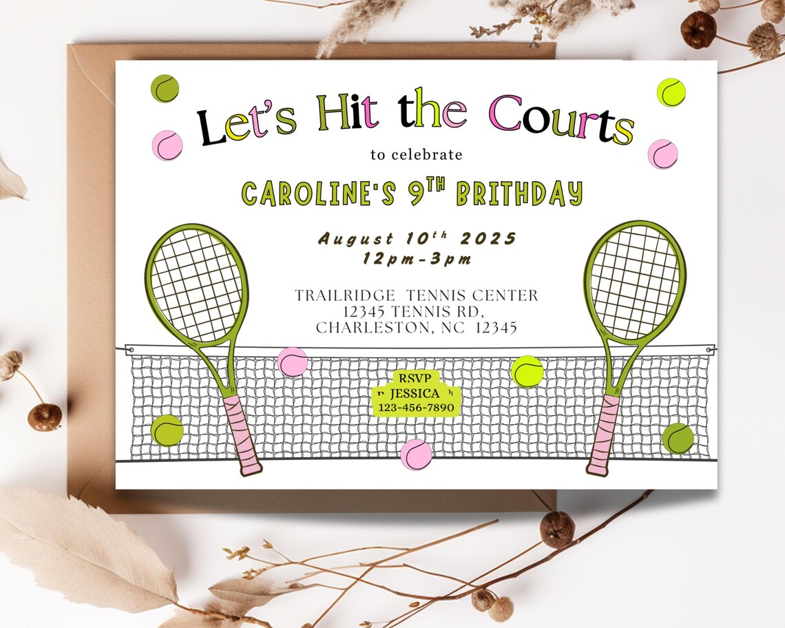 Tennis Birthday Invitation Editable Let's Hit the Court Tennis Invite ...