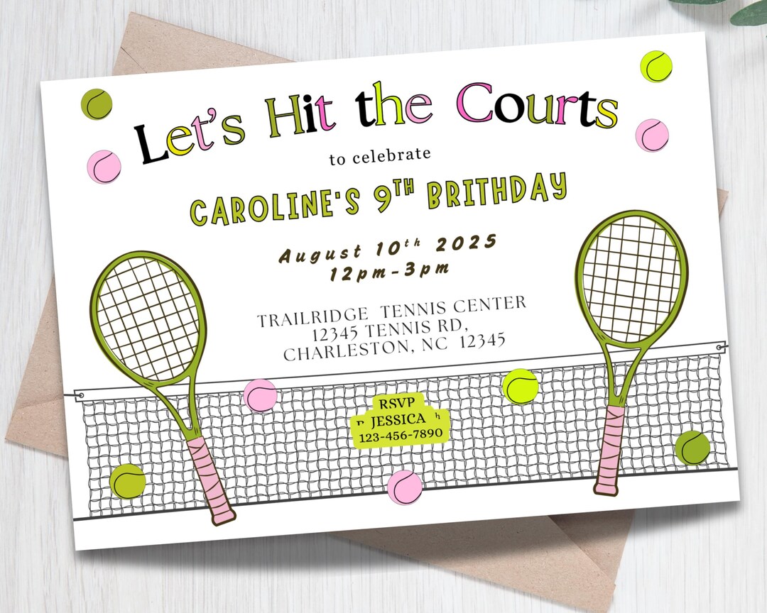 Tennis Birthday Invitation Editable Let's Hit the Court Tennis Invite ...